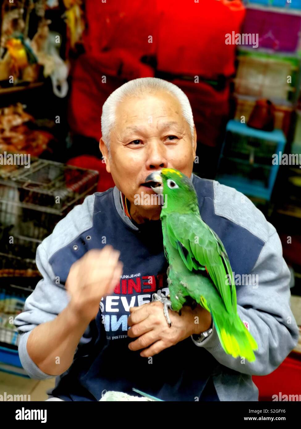 A Chinese man and his pet parrot in Hong Kong’s bird market in Kowloon ...