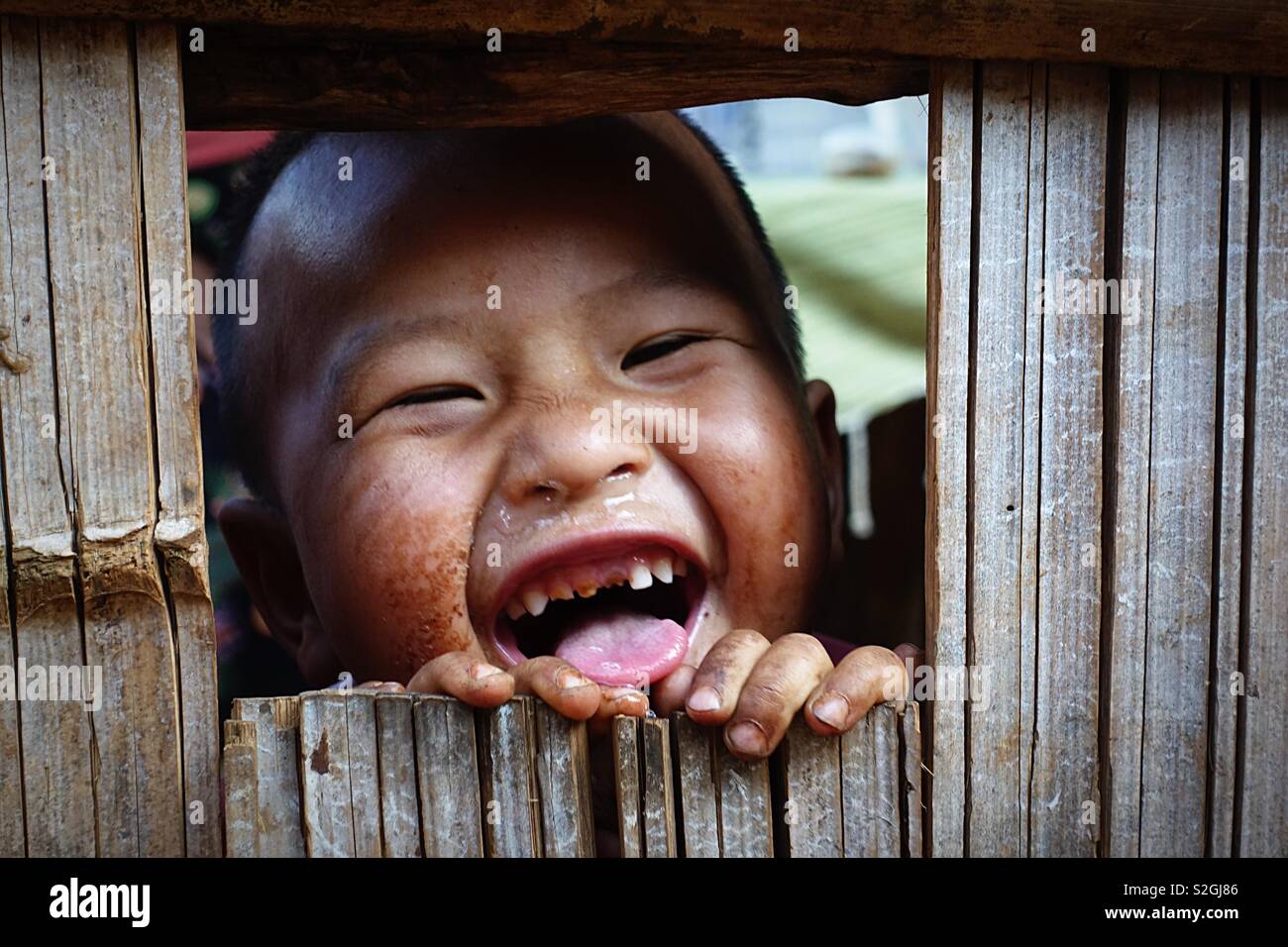 Lahu hilltribe: young boy lauhing through a bamboo fence Stock Photo ...