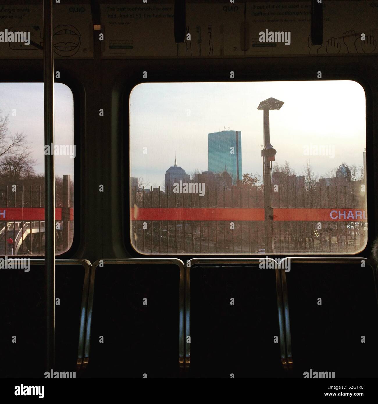 Skyscrapers seem through subway car windows, Boston, Massachusetts ...