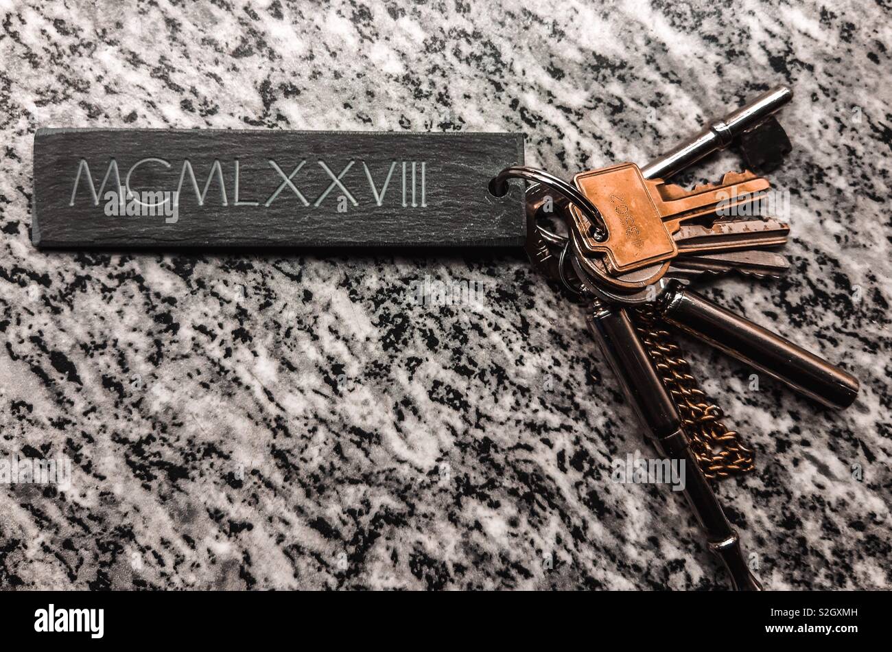 Slate keyring on a set of house keys. There is a dog whistle on the ...