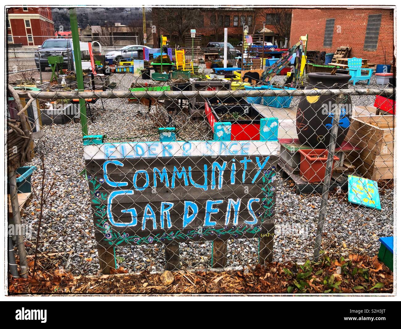 Colorful community garden planters Stock Photo - Alamy