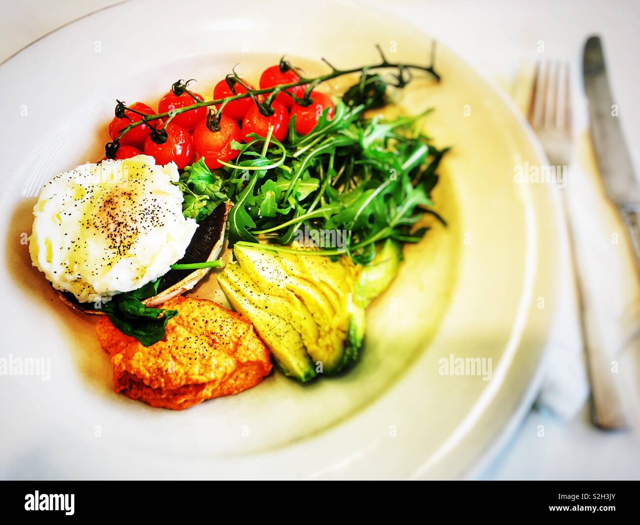 Waitrose Cafe flat mushroom with pouched egg, vine tomatoes and avocado ...