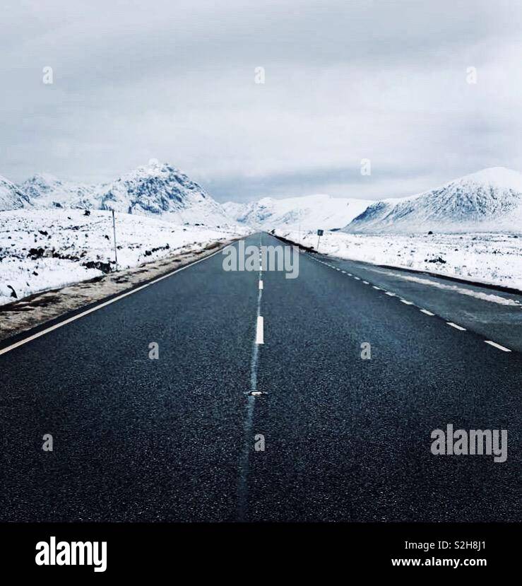 Road to snowy mountains in Scotland Stock Photo - Alamy