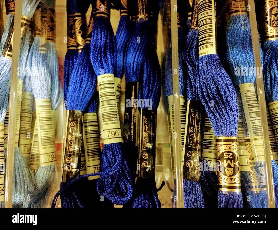 Embroidery threads in shades of blue Stock Photo - Alamy