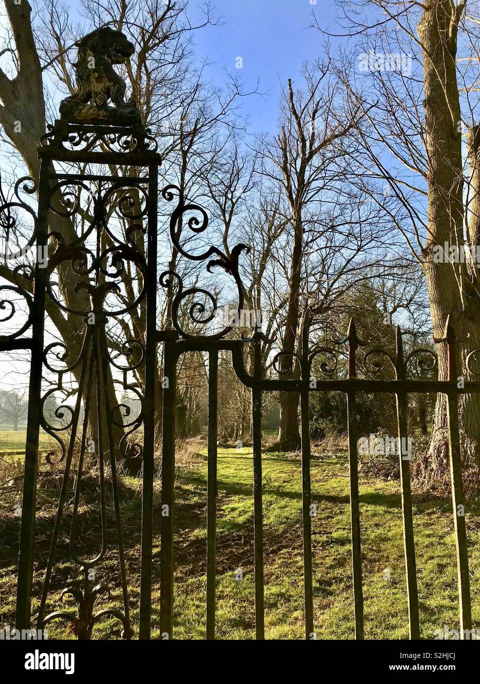 Cast iron railings with a lion, English parkland Stock Photo - Alamy