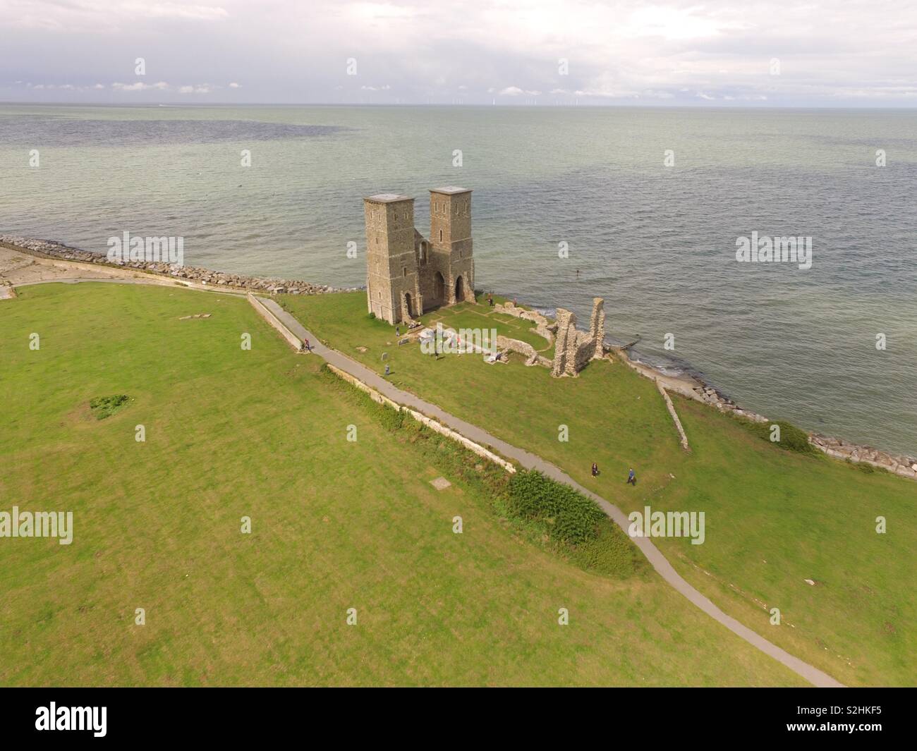 Aerial view of Reculver Church and Roman Fort on the north Kent coast ...