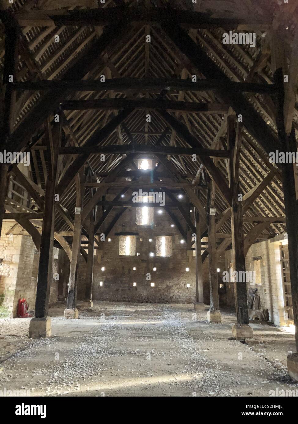 Interior of a medieval Tithe Barn in the vale of Evesham with brilliant ...