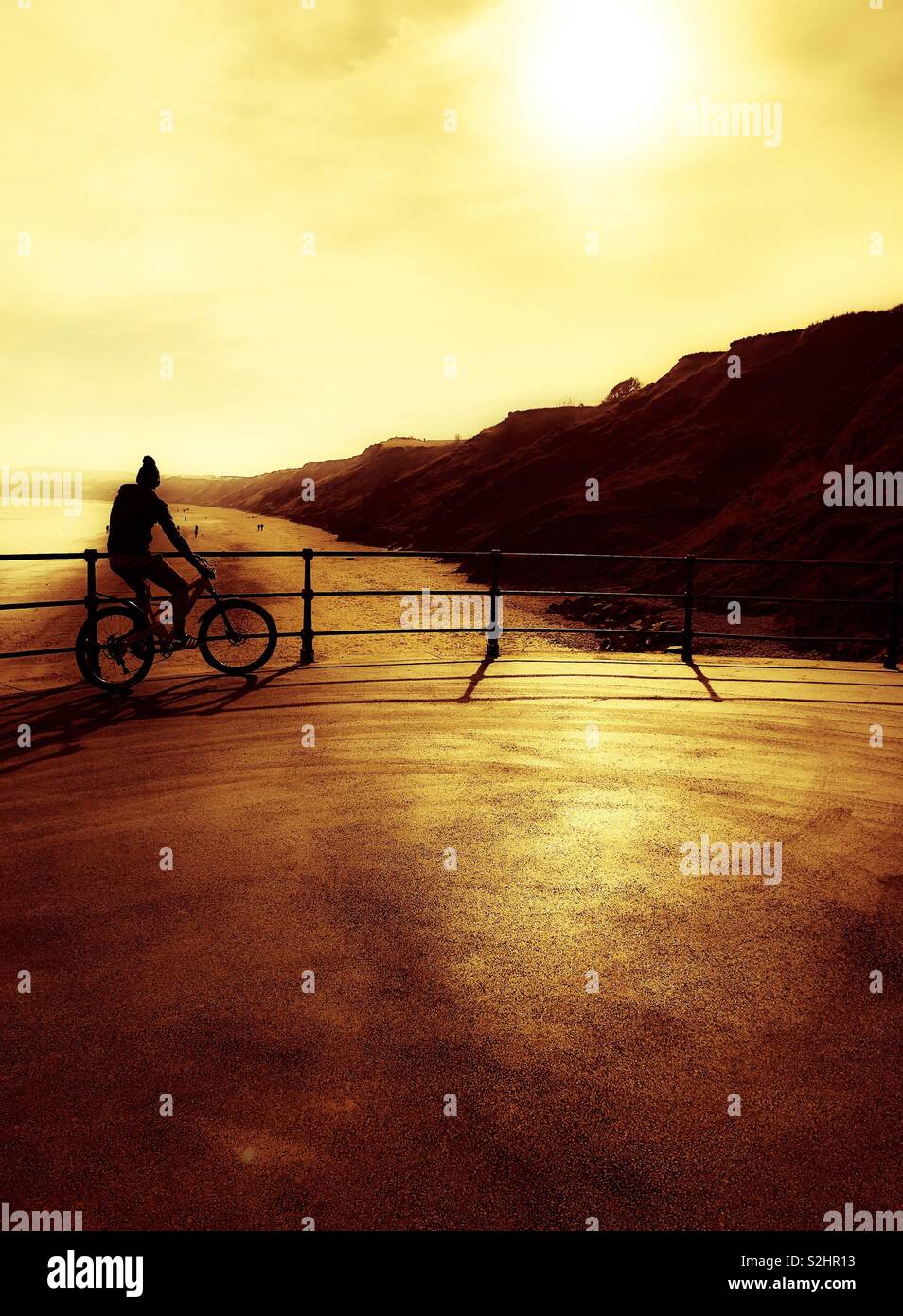 Silhouette of male cyclist leaning on a fence and watching people walk ...
