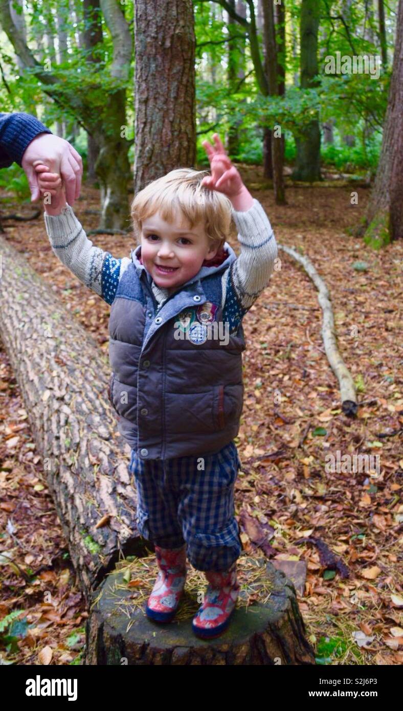 Child raising hands in the forest Stock Photo - Alamy