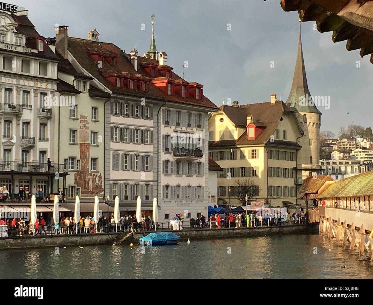 City Luzern seen from Chapelbridge, Reuss River. Switzerland Stock ...