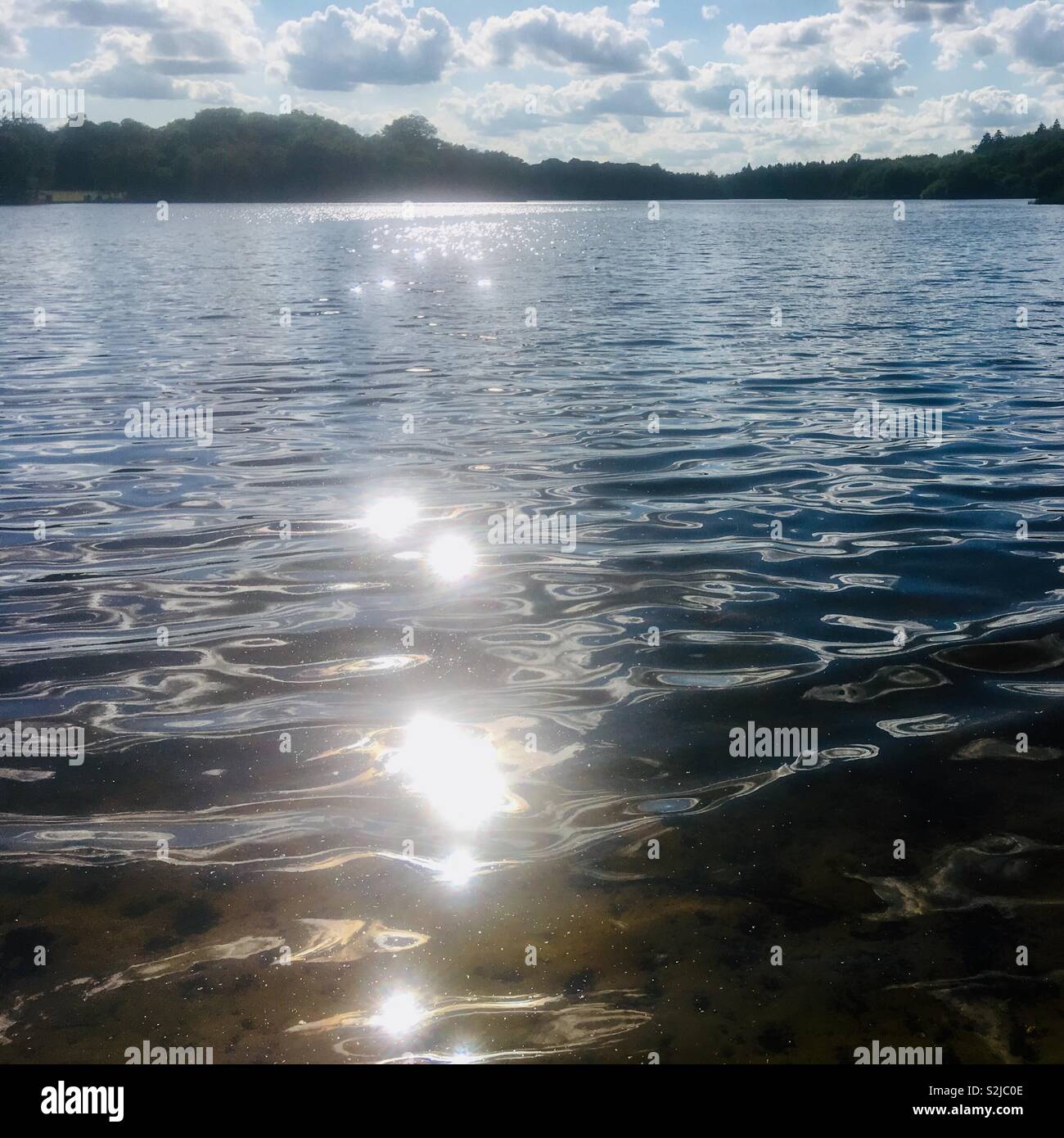 Sun reflecting off the ripples at Virginia Water lake, Berkshire Stock ...