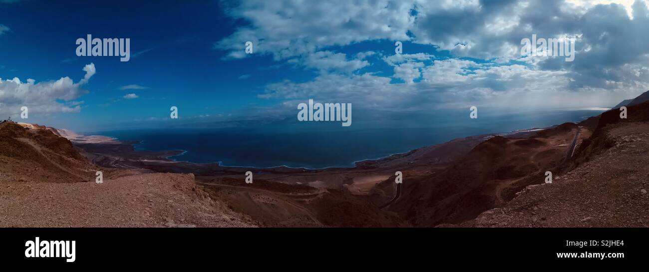 Panoramic view of the Dead Sea in Israel, a salt lake whose shores ...