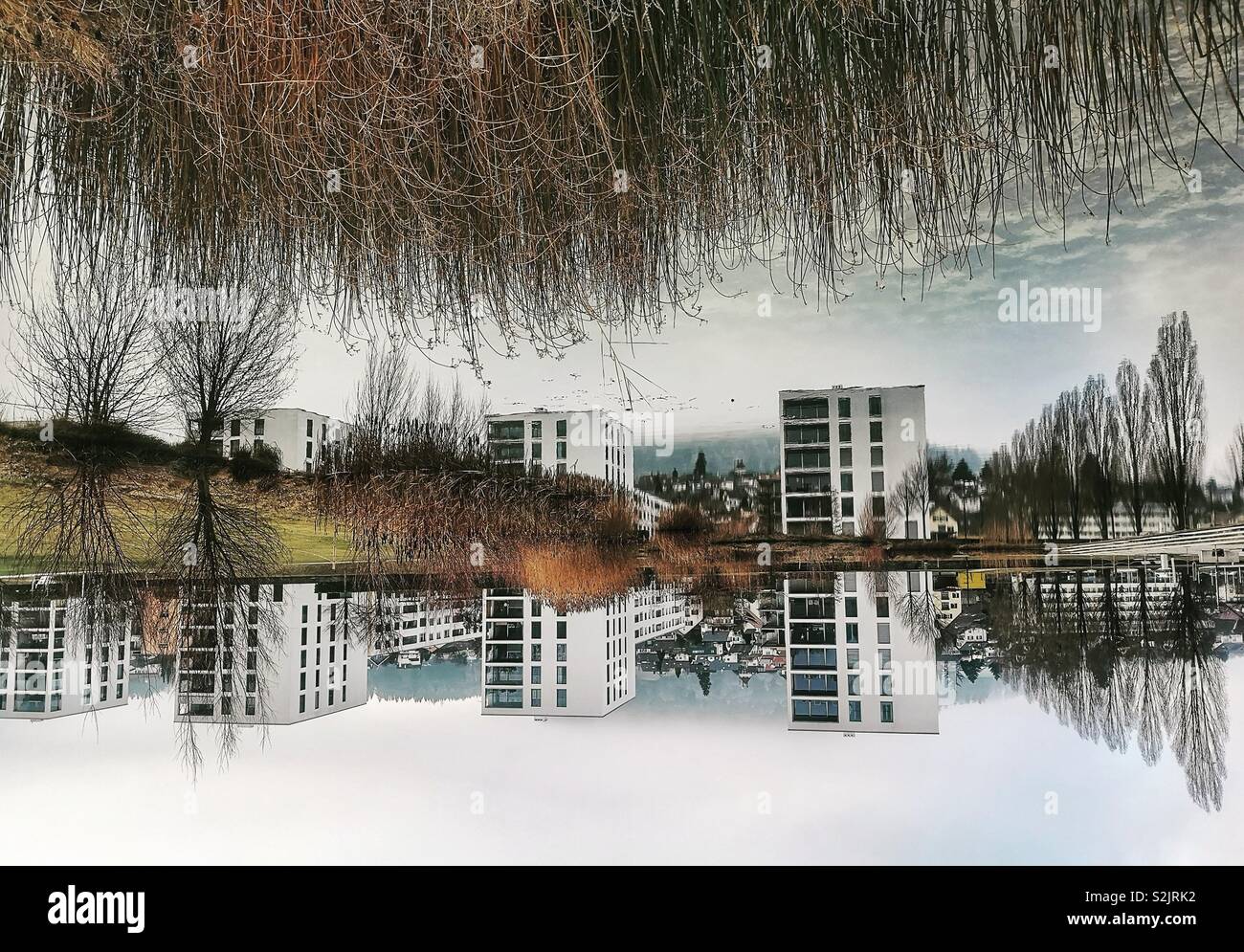Modern apartment blocks reflected in pond, Liebefeld, Switzerland Stock ...