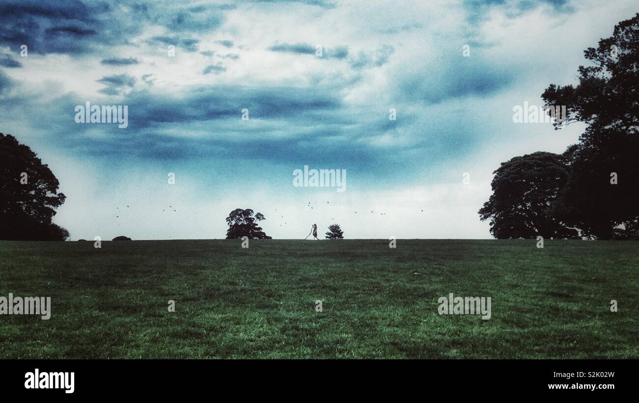 A child walking with a stick across a field Stock Photo - Alamy