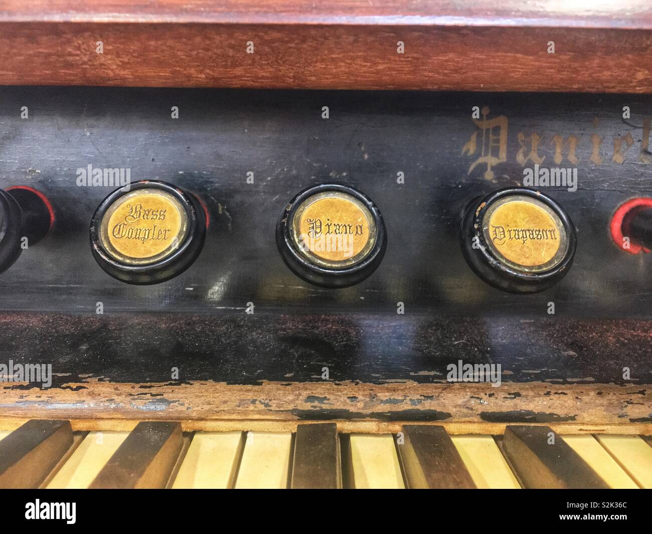 Diapason, bass coupler, and piano keys prominently displayed on an ...