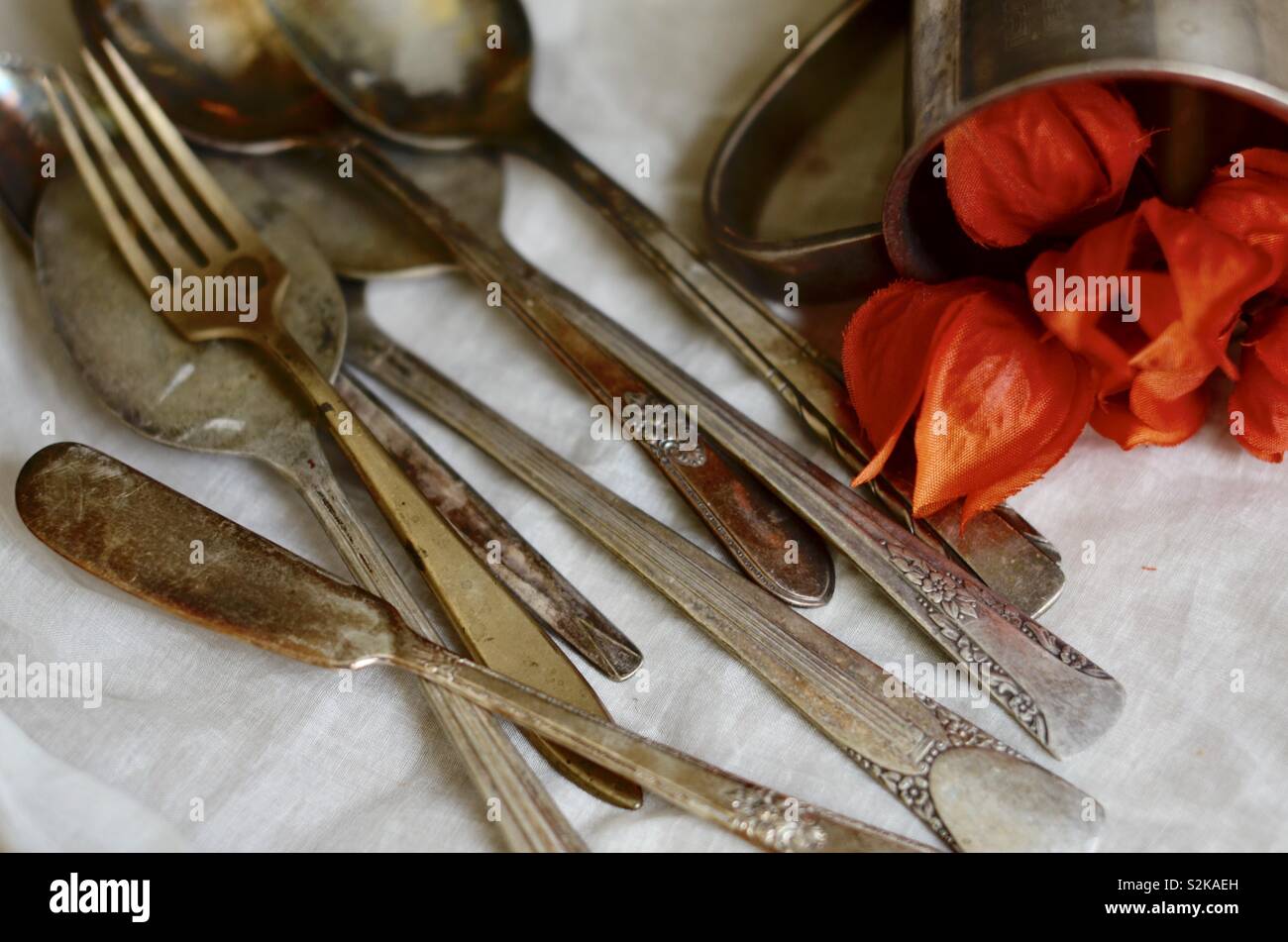 Antique silverware with flowers Stock Photo - Alamy