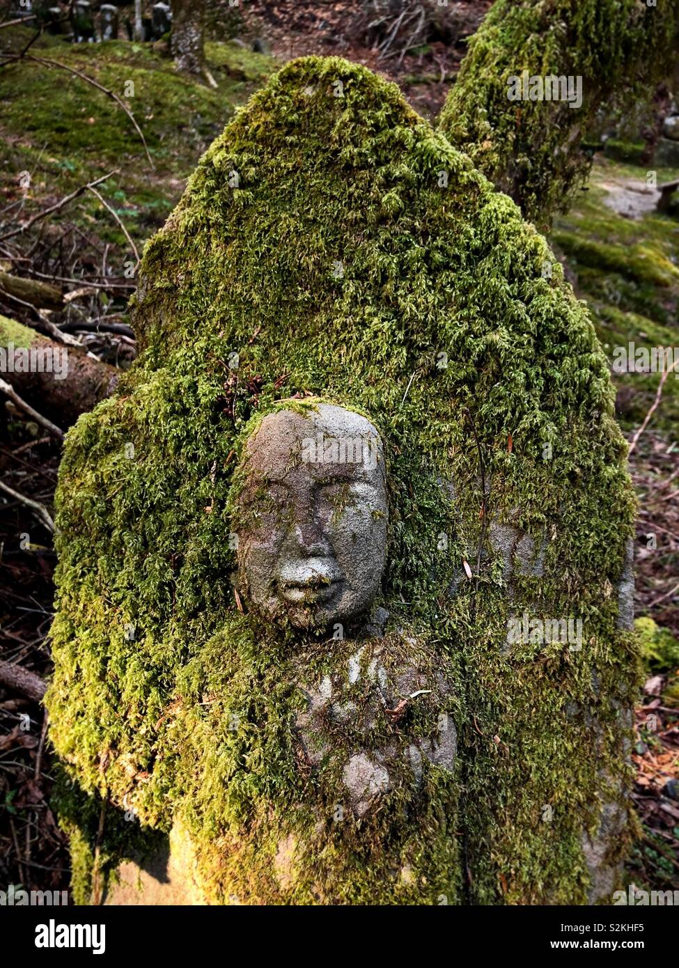 A mossy grave stone at Okunoin Cemetery in Koyasan, Japan Stock Photo ...