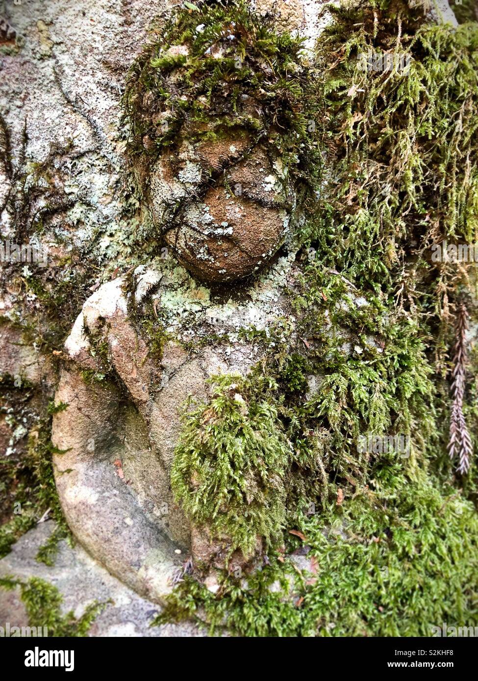 A moss covered grave stone at Okunoin cemetery in Koyasan, Japan Stock ...