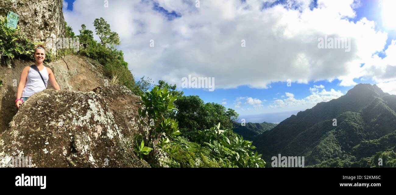 Hiker posing at top of cross island trek, Rarotonga, Cook Islands Stock ...