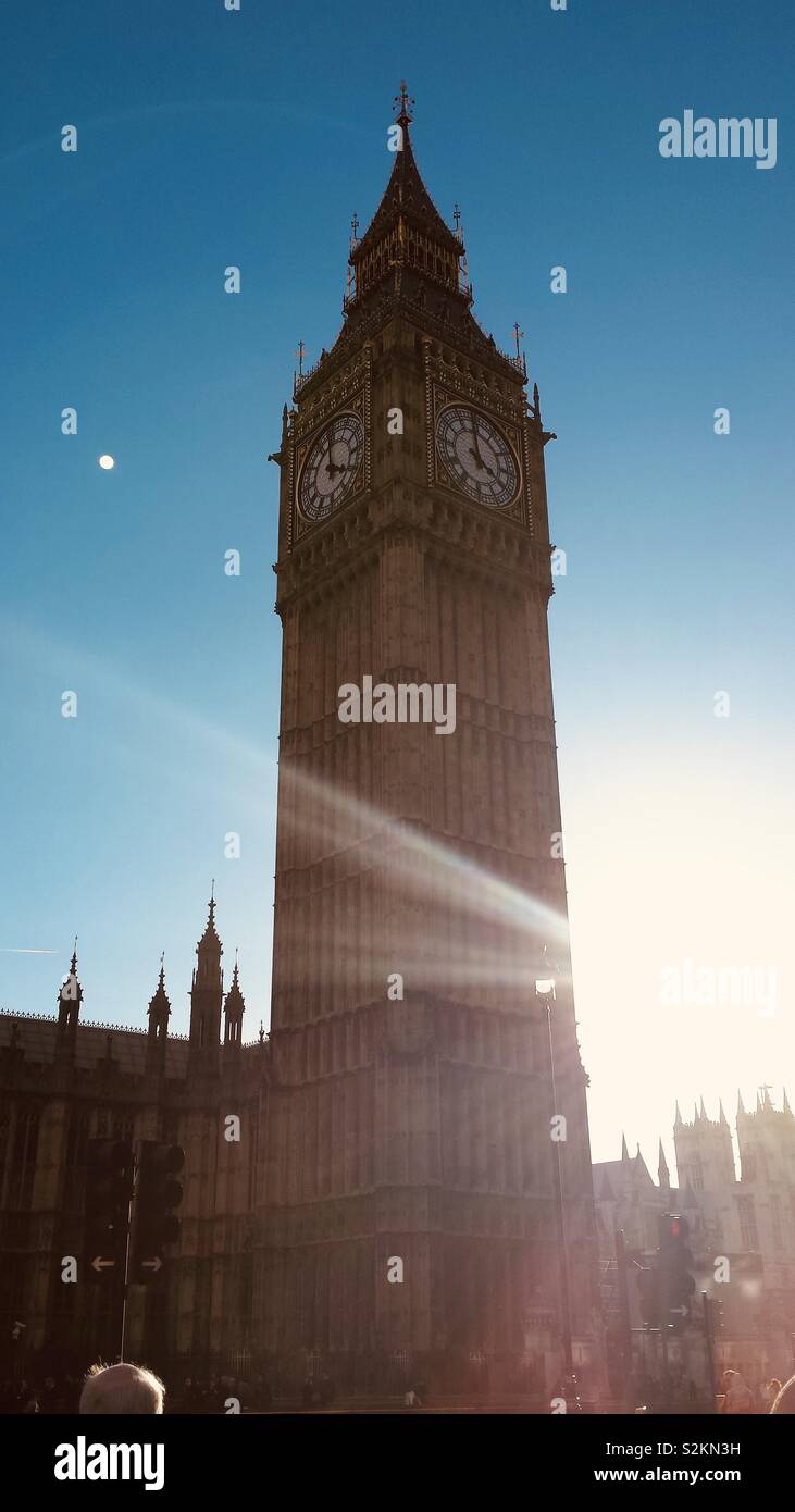Big Ben and bright sun in Westminster London UK Stock Photo - Alamy