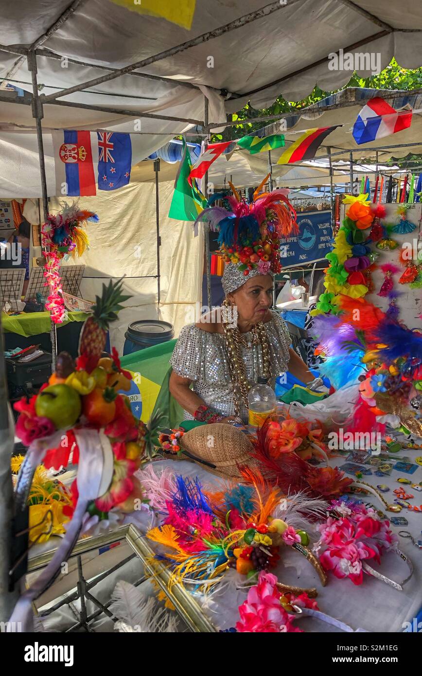 A colourful vending booth at the Ipanema outdoor street market in Rio ...