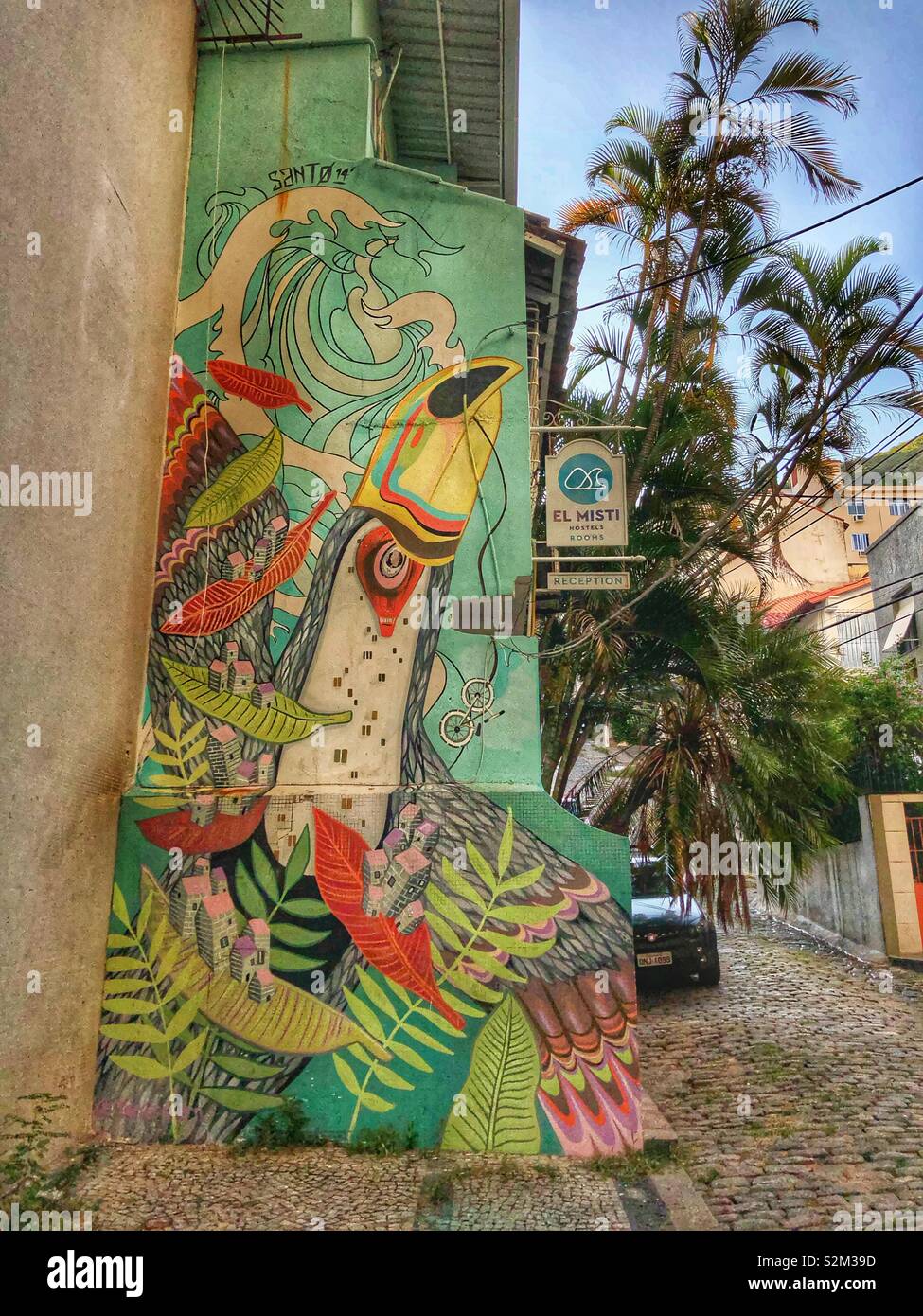A colourful mural painted on a building wall in the Copacabana ...