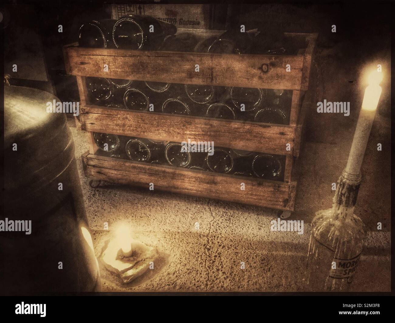 A crate of sparkling wine bottles sur latte, Catalonia, Spain Stock ...