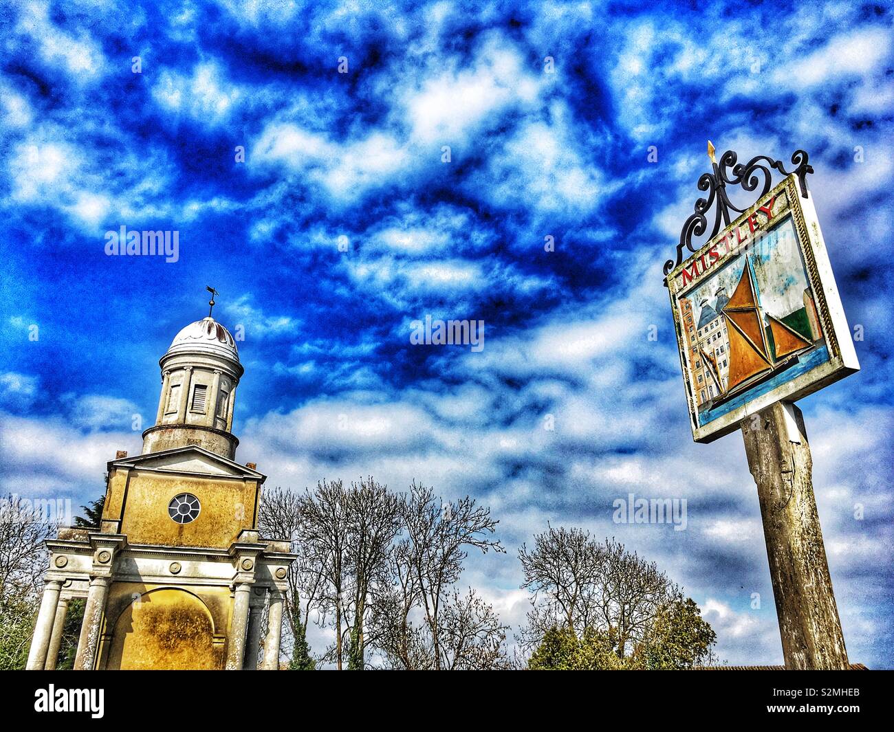 Mistley village sign Essex England Stock Photo - Alamy