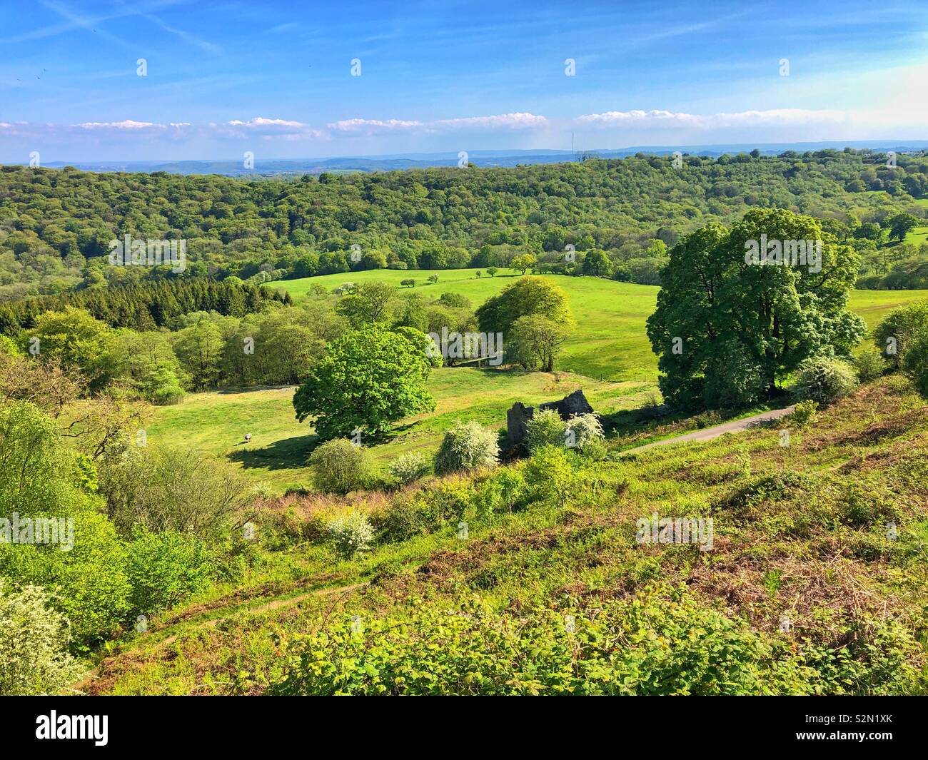View from the foot of the Garth mountain across countryside towards the ...