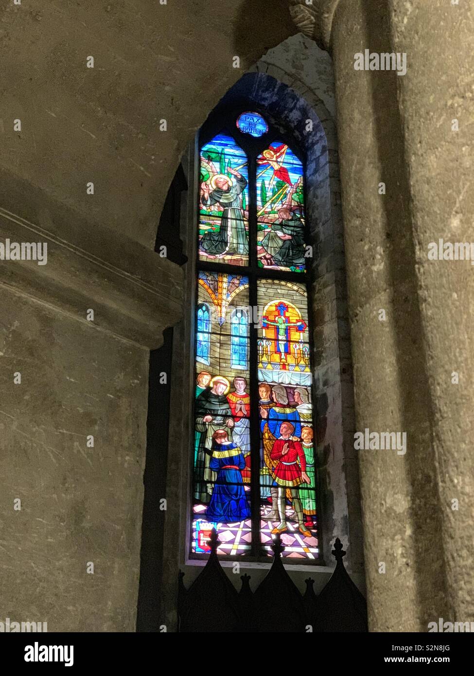 Interior church view with stained glass window Stock Photo - Alamy