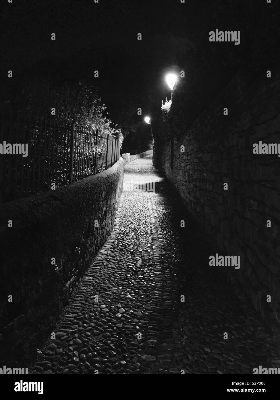 Atmospheric night scene of a cobblestone path with street lighting hi ...