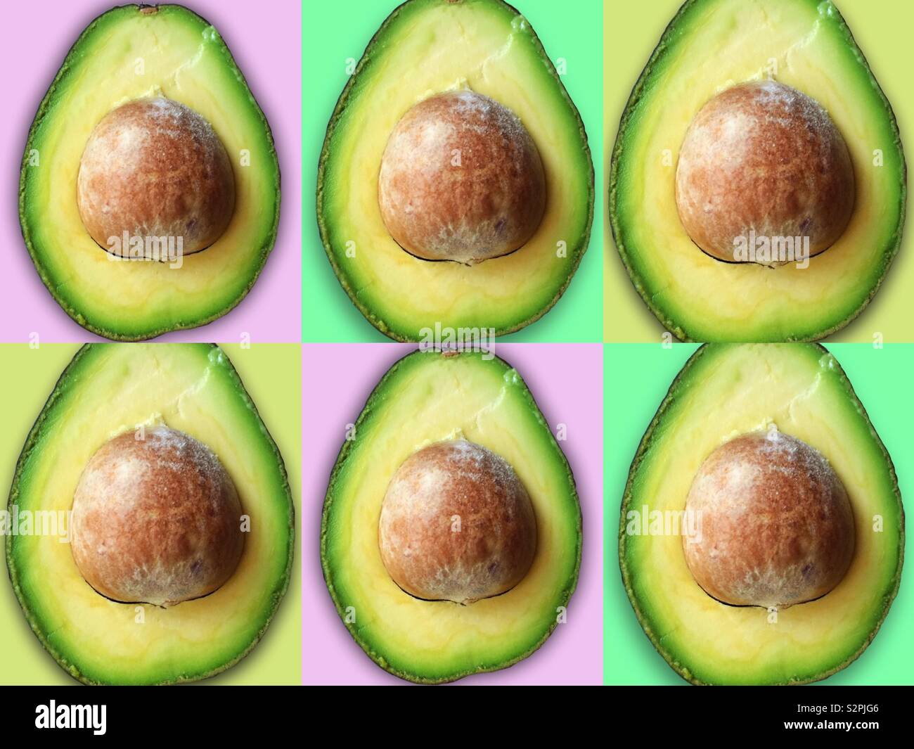 Collage of avocado halves on a multi colour background Stock Photo - Alamy