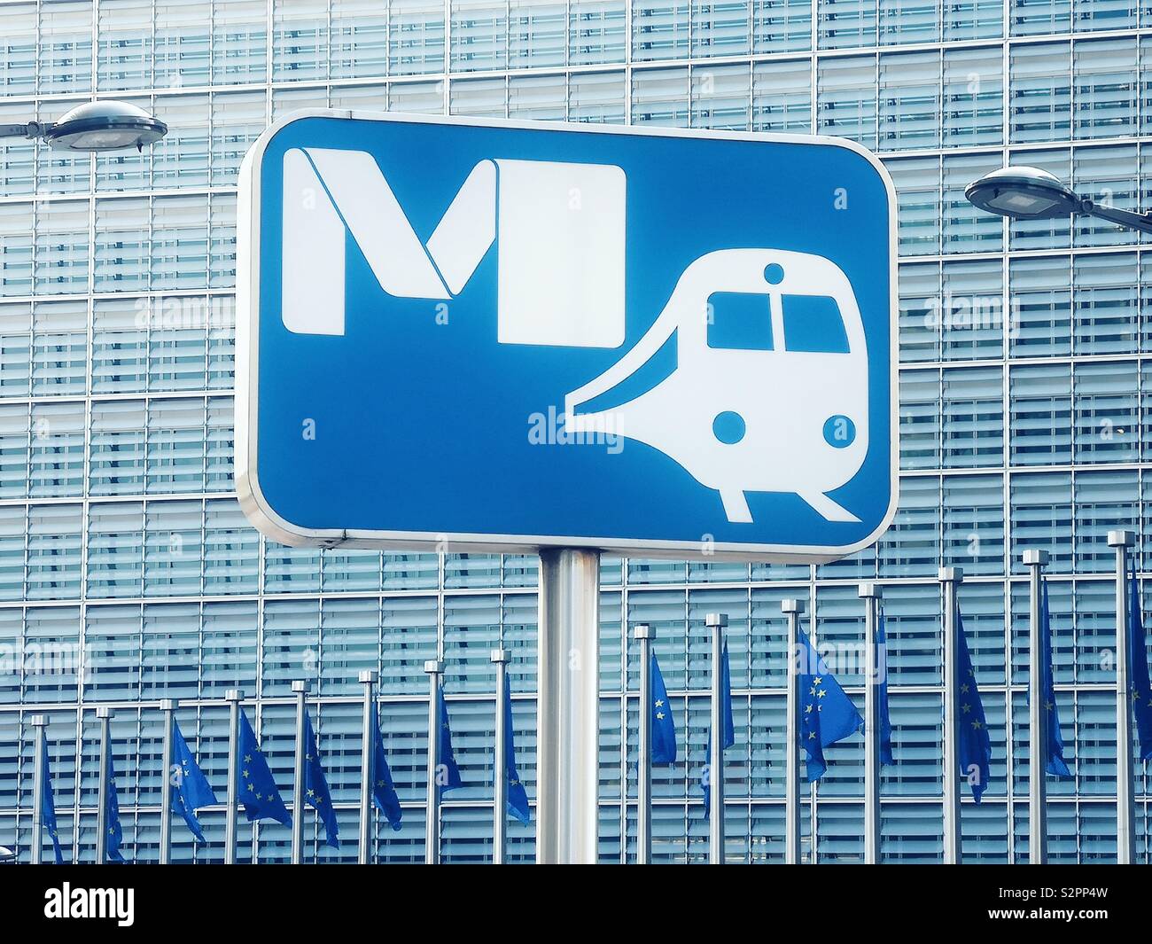 Brussels metro sign in front of European Commission building, Brussels ...