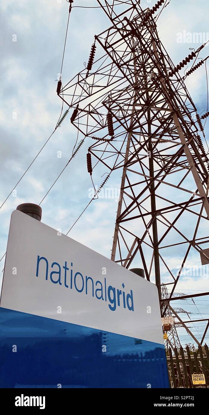 National Grid sign with electricity pylon and danger sign at power ...