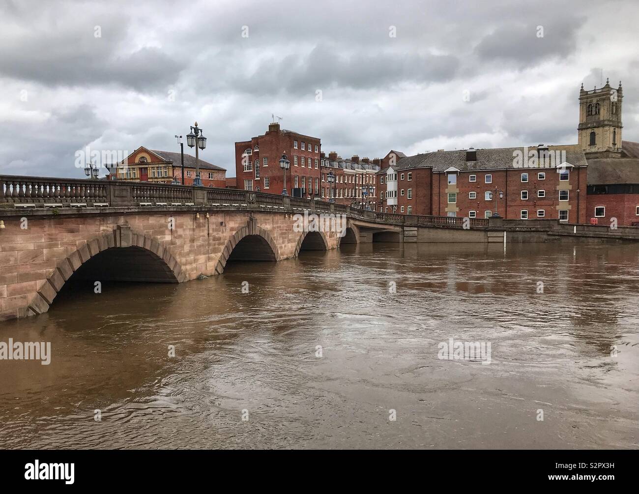 High water levels and flooding, by the Worcester bridge, on the river ...