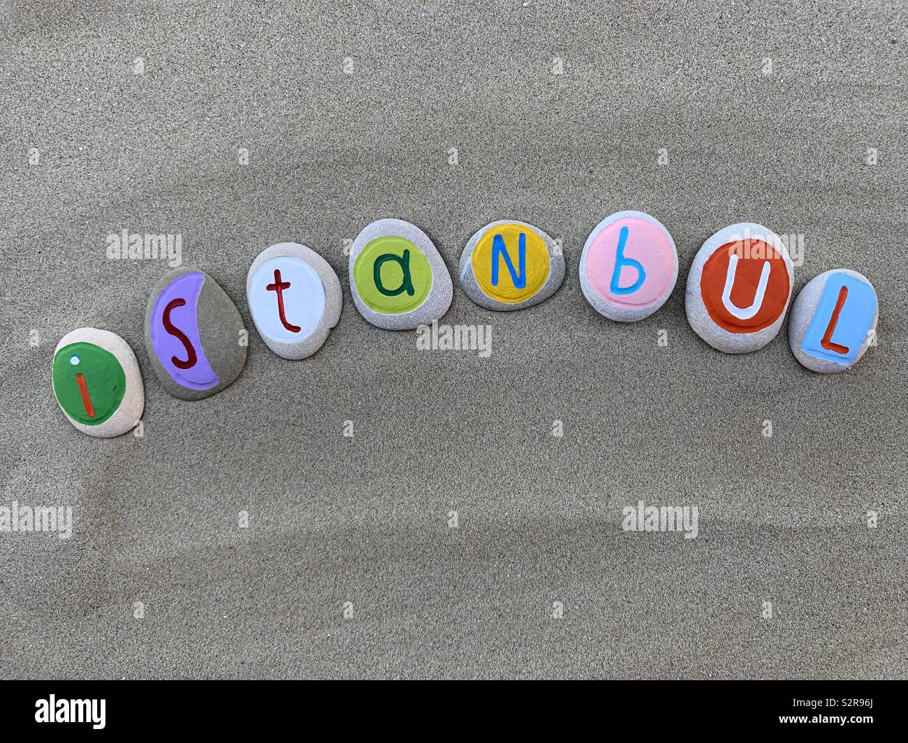 Istanbul, beautiful turkish city composed with colored pebble letters ...