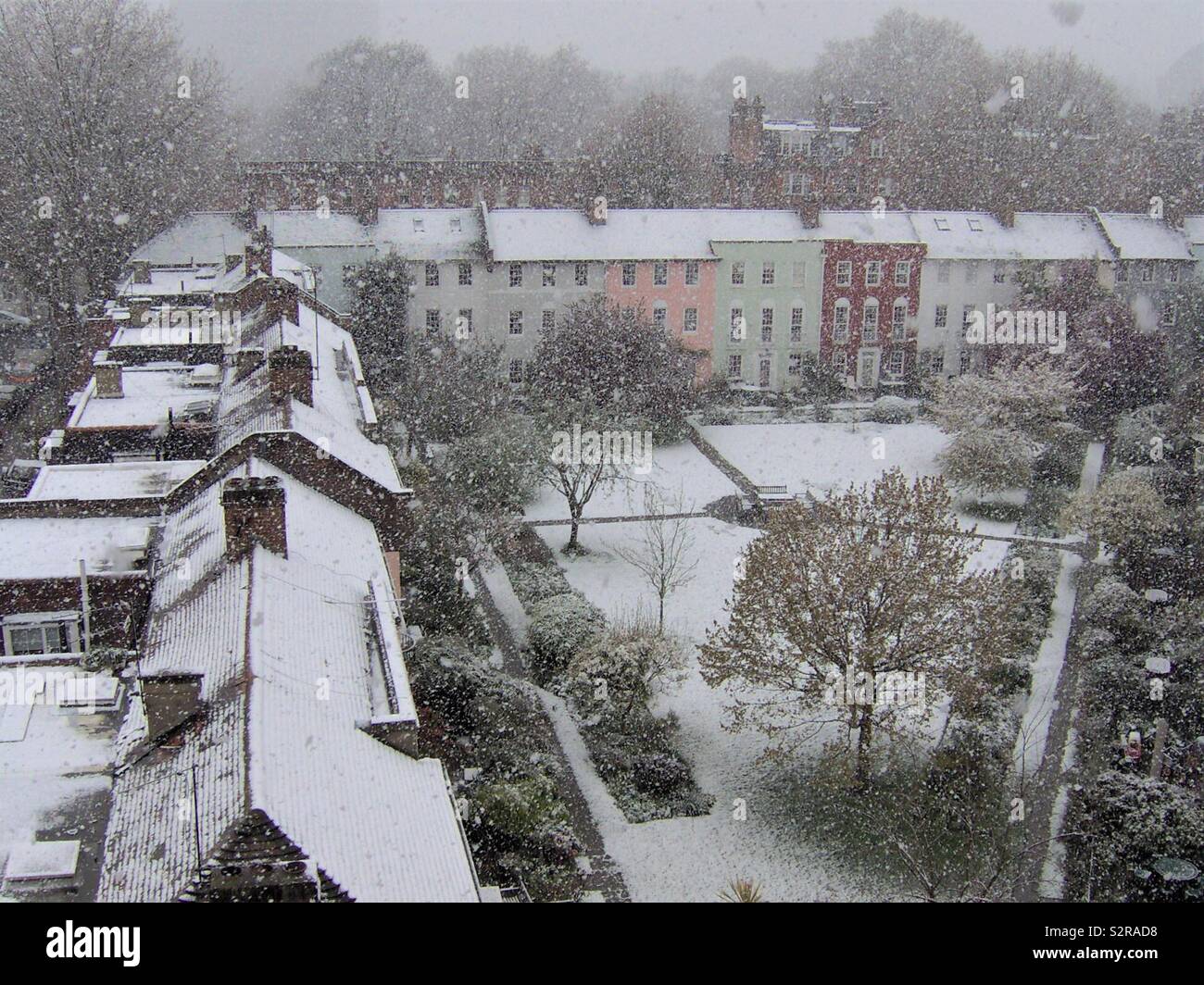 A snowstorm seen from the rooftops in Hammersmith West London Stock ...