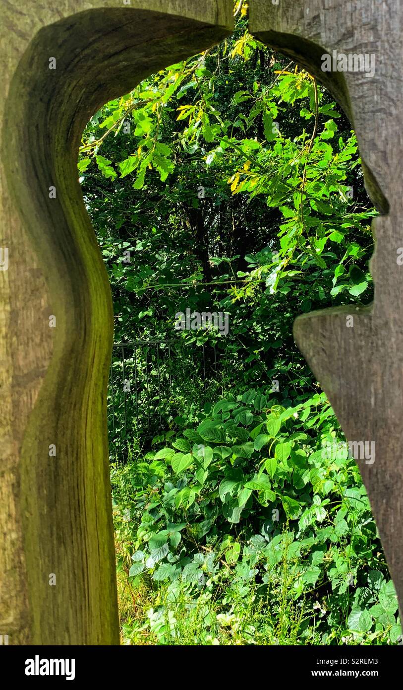 Leafy profile of face through wooden sculpture Stock Photo - Alamy