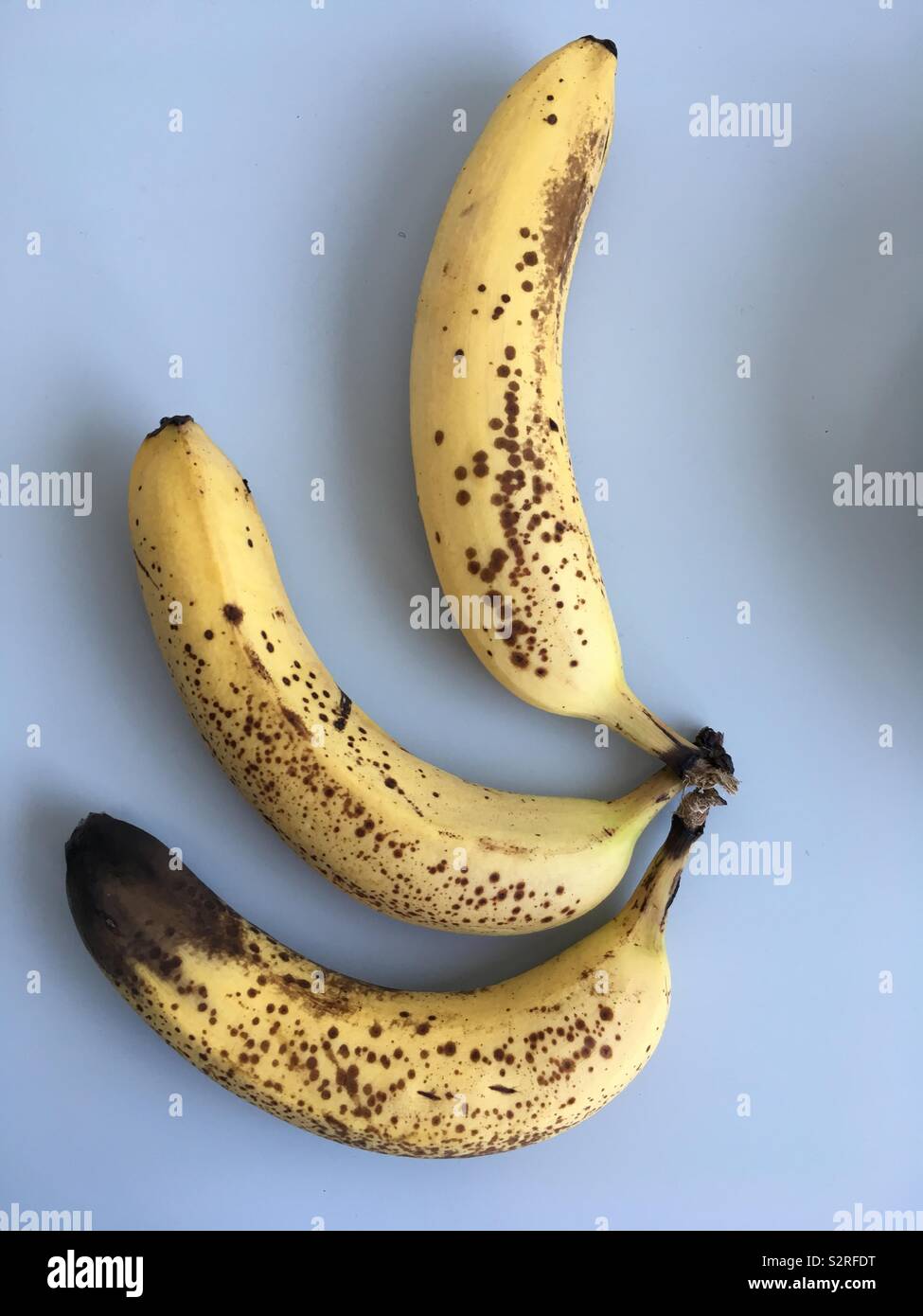 Three ripe bananas on a light grey background Stock Photo - Alamy