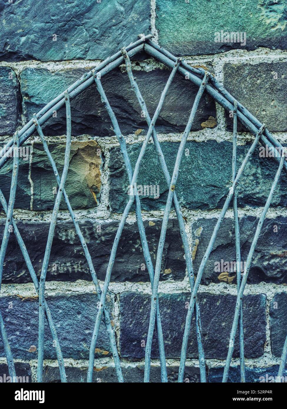 Cane trellis on a stone wall Stock Photo - Alamy