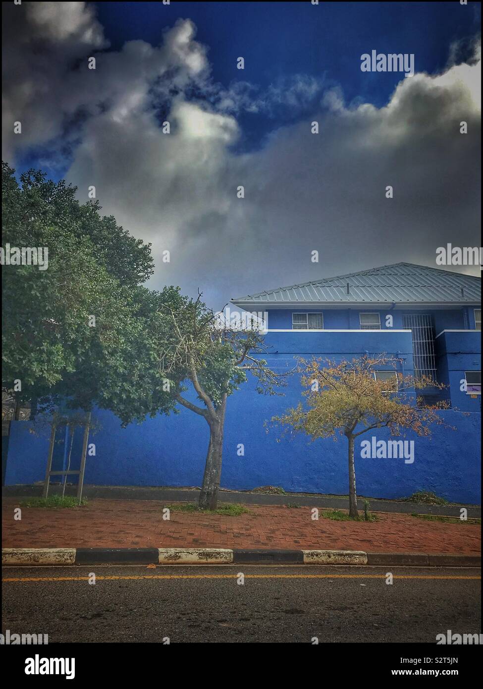 Blue building with green trees on pavement Stock Photo - Alamy