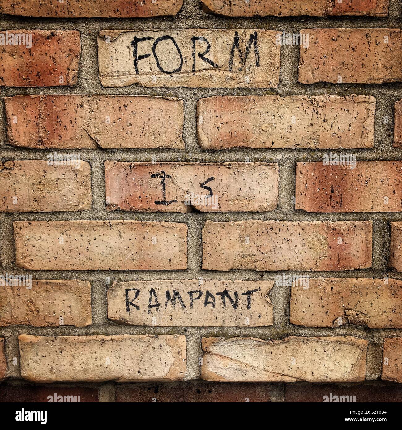 ‘FORM IS RAMPANT’ written on a brick wall in Finchley, North London ...