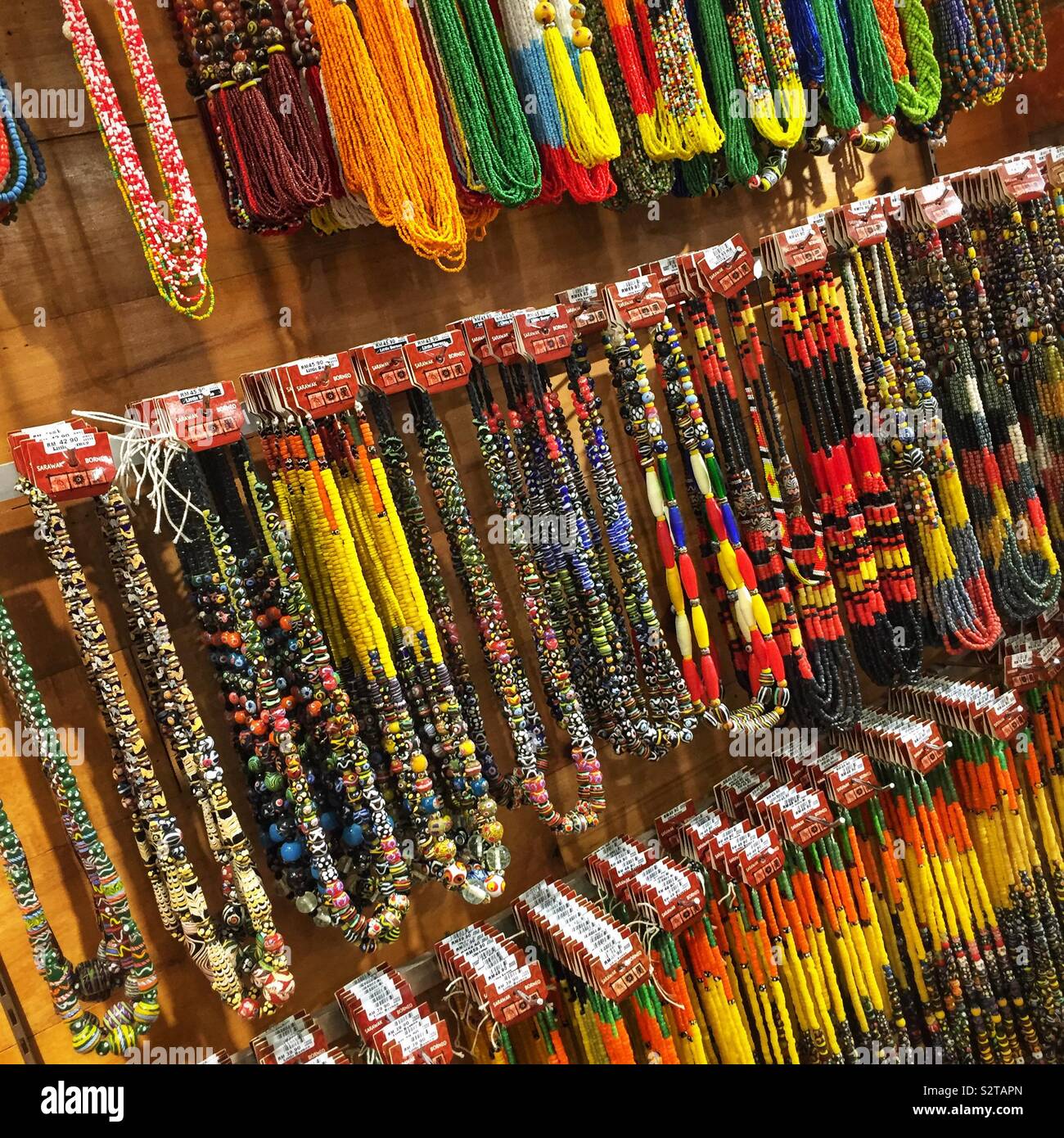 Traditional-design bead necklaces for sale in a souvenir shop in the ...