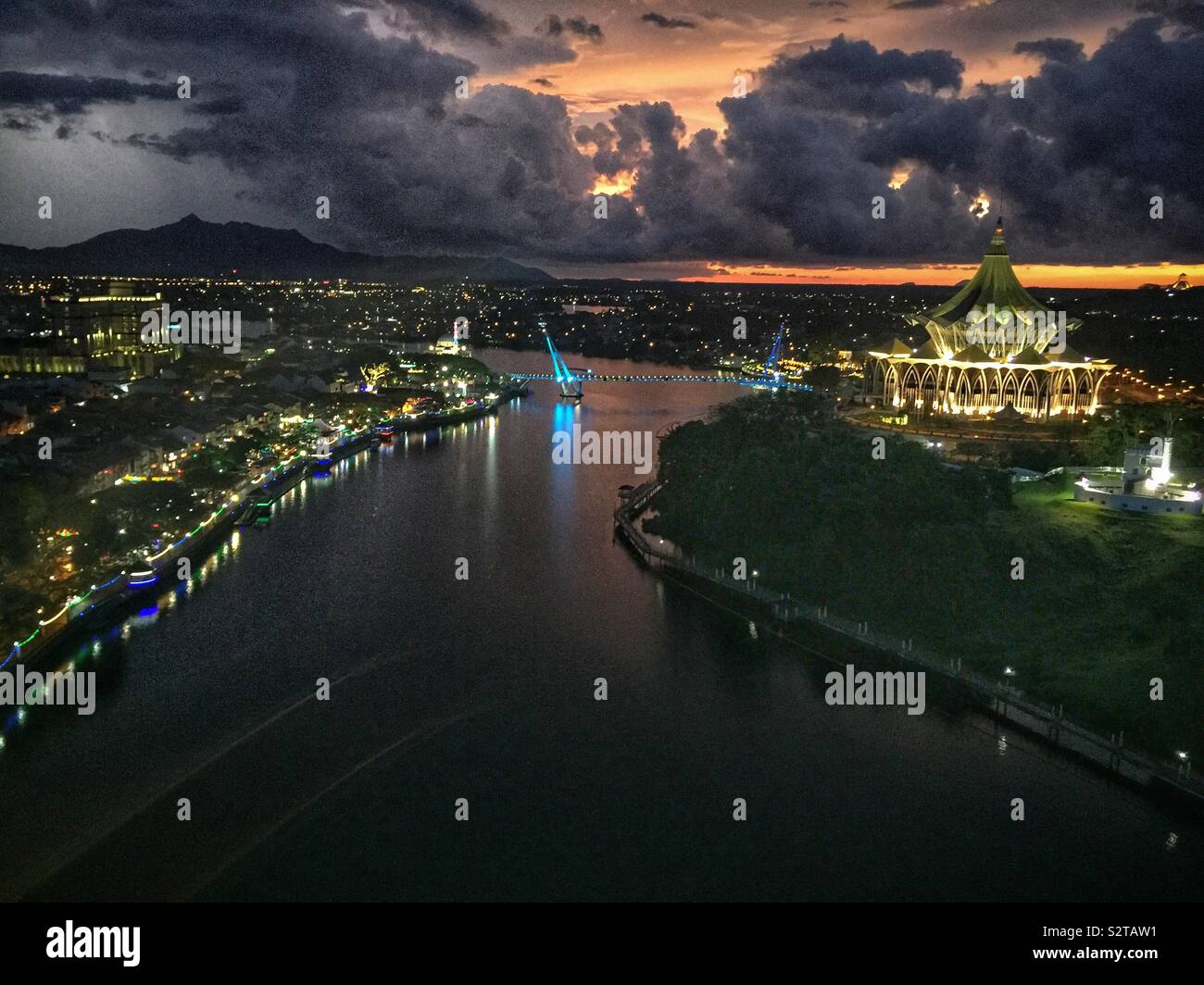 Twililight view of (l-r) the Main Bazaar, Waterfront, Darul Hana Bridge ...