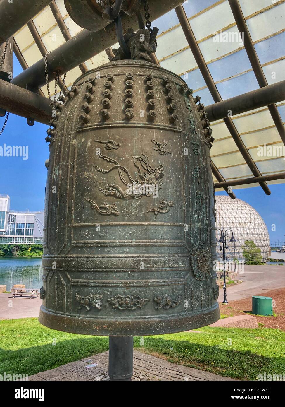 An old bronze Japanese bell hangs at Ontario Place, Toronto, Canada ...