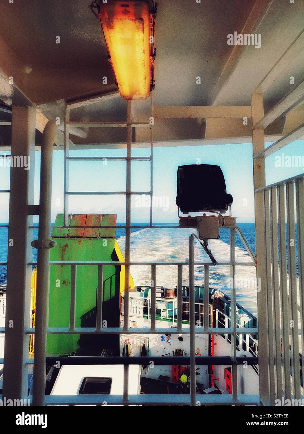 View of ships wake from stern of ferry crossing The Minch from Tarbert ...