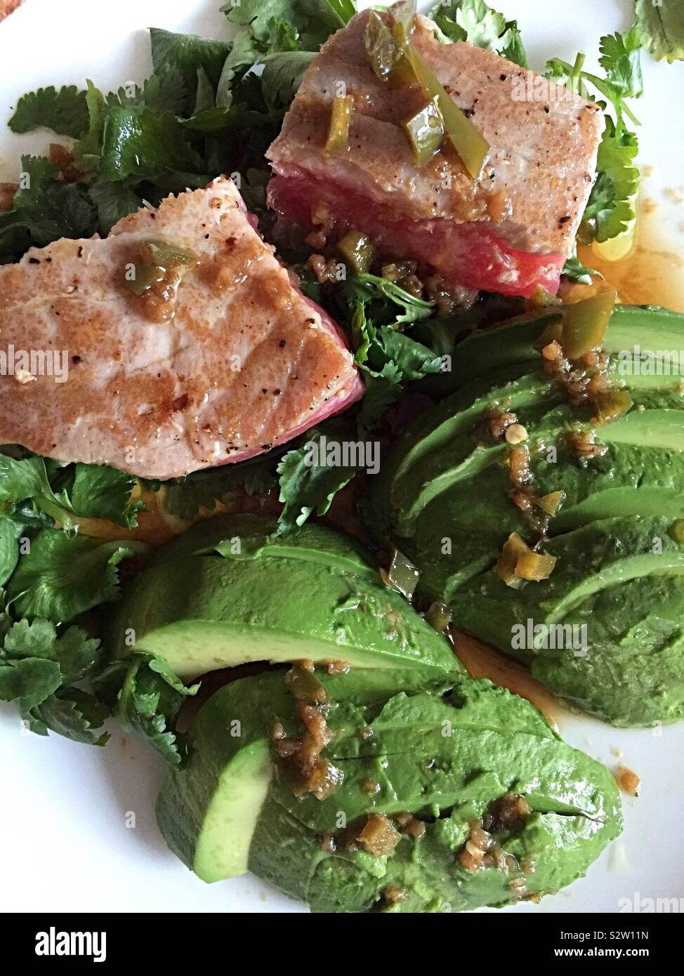 Gourmet entrée of seared Ahi tuna fillet on a bed of cilantro and ...