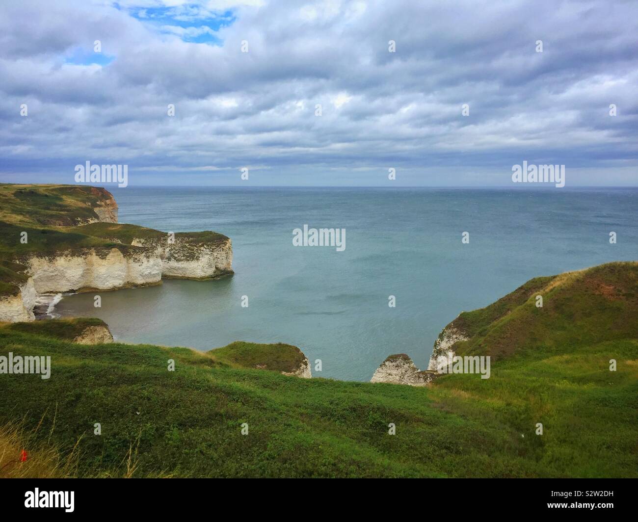 A view of the chalk cliffs at Flamborough Head with the North Sea ...