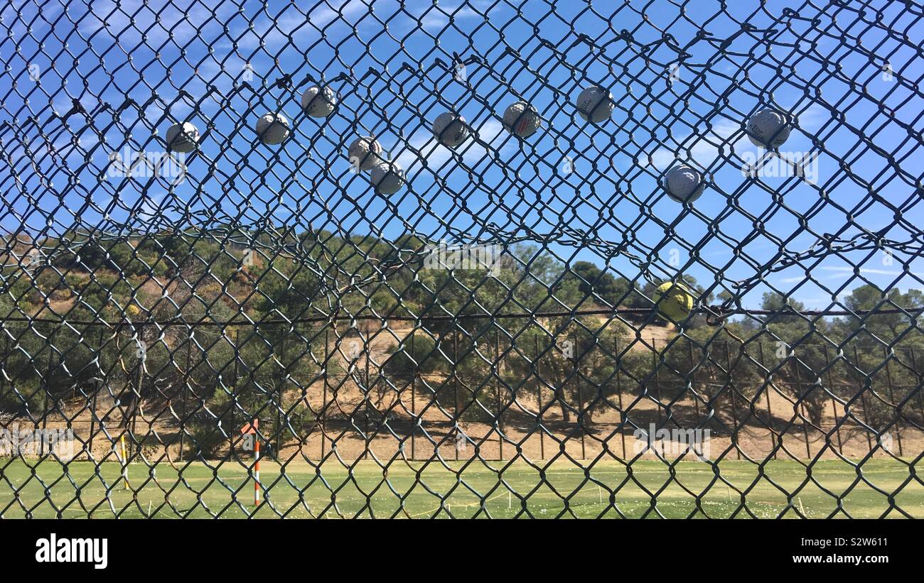 LOS ANGELES, CA, AUG 2019: golf balls stuck in chain-link fence at ... LOS ANGELES, CA, AUG 2019: golf balls stuck in chain-link fence at ...