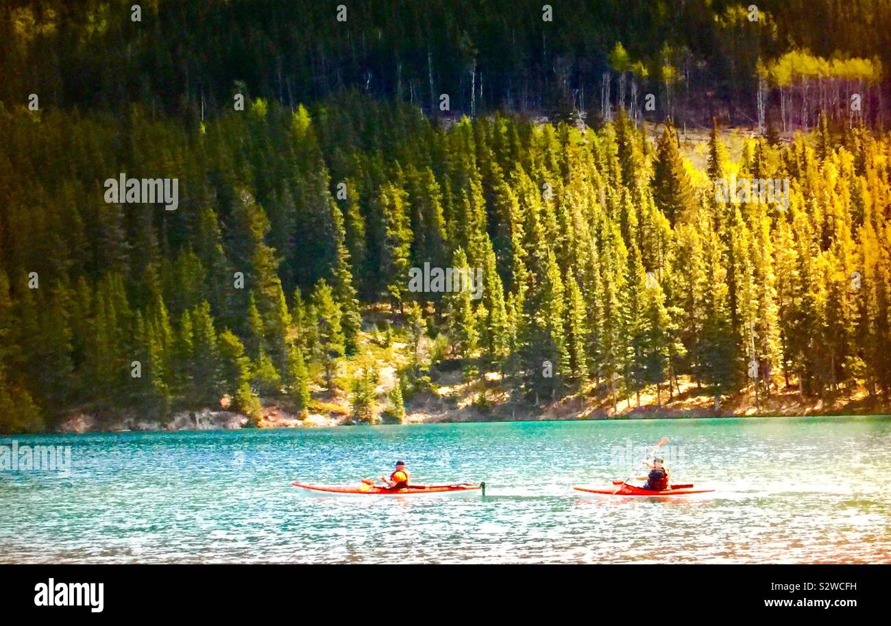 Canadian Rockies, kayaking on Bow Lake, Banff National Park, Alberta ...